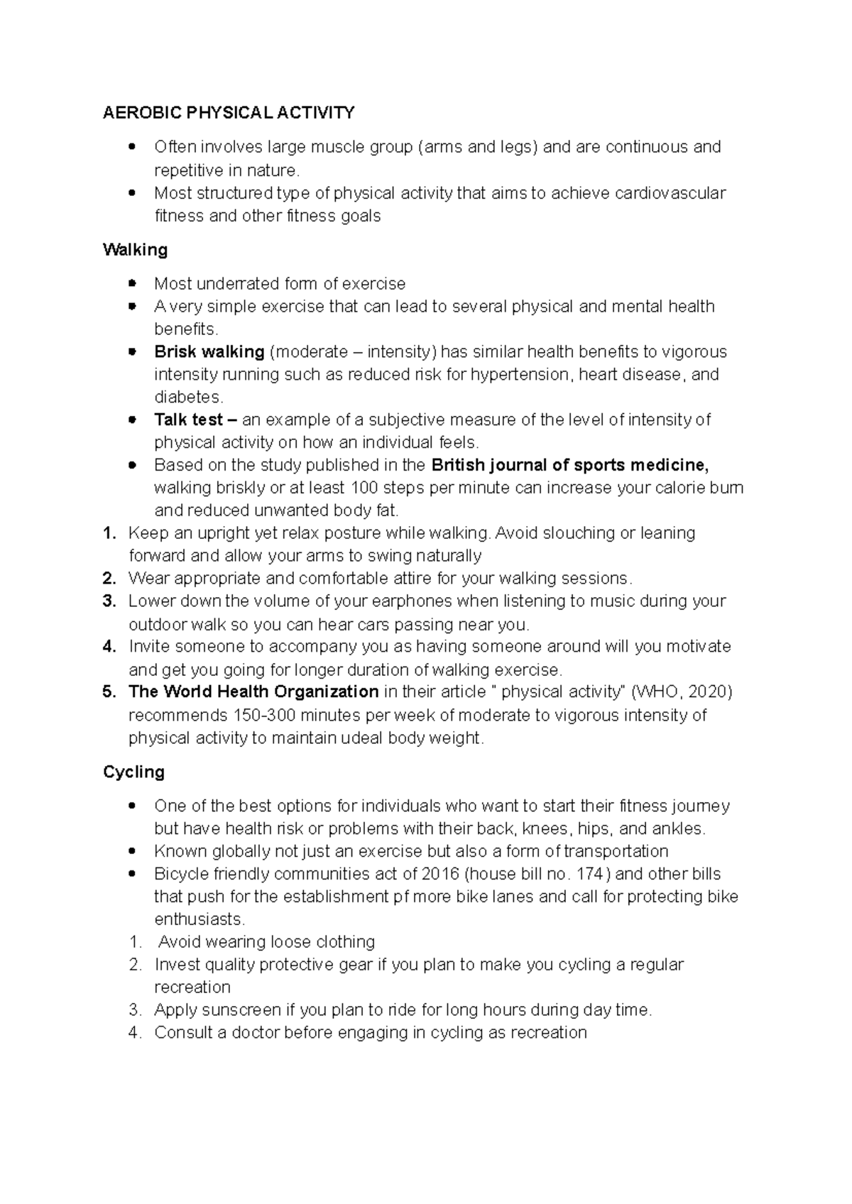 PE-Midterm Study Guide: Aerobic Physical Activities and Benefits - Studocu