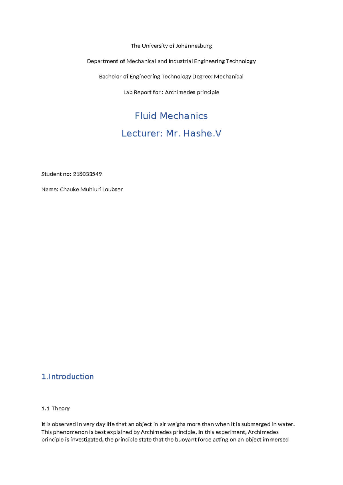 UJ MECH 3rd Year Lab Report: Archimedes Principle in Fluid Mechanics - Studocu