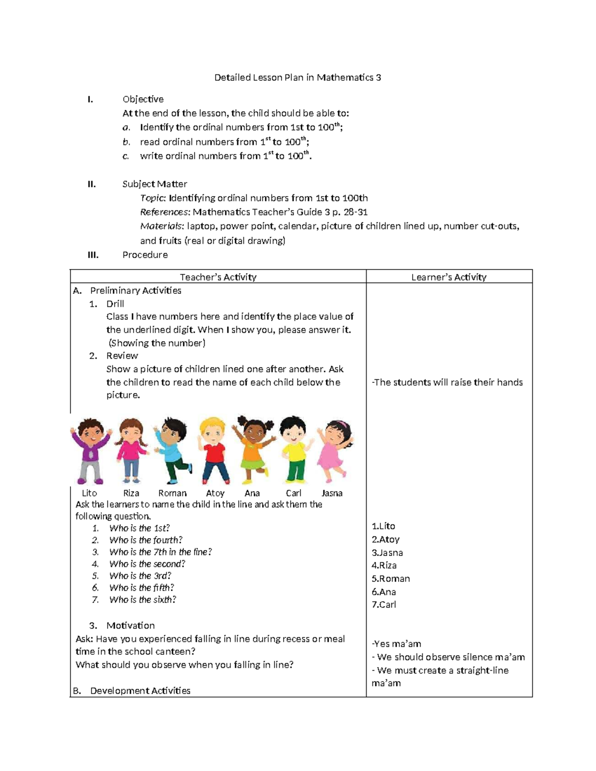 Detailed Lesson Plan: Ordinal Numbers in Math 3 - Studocu