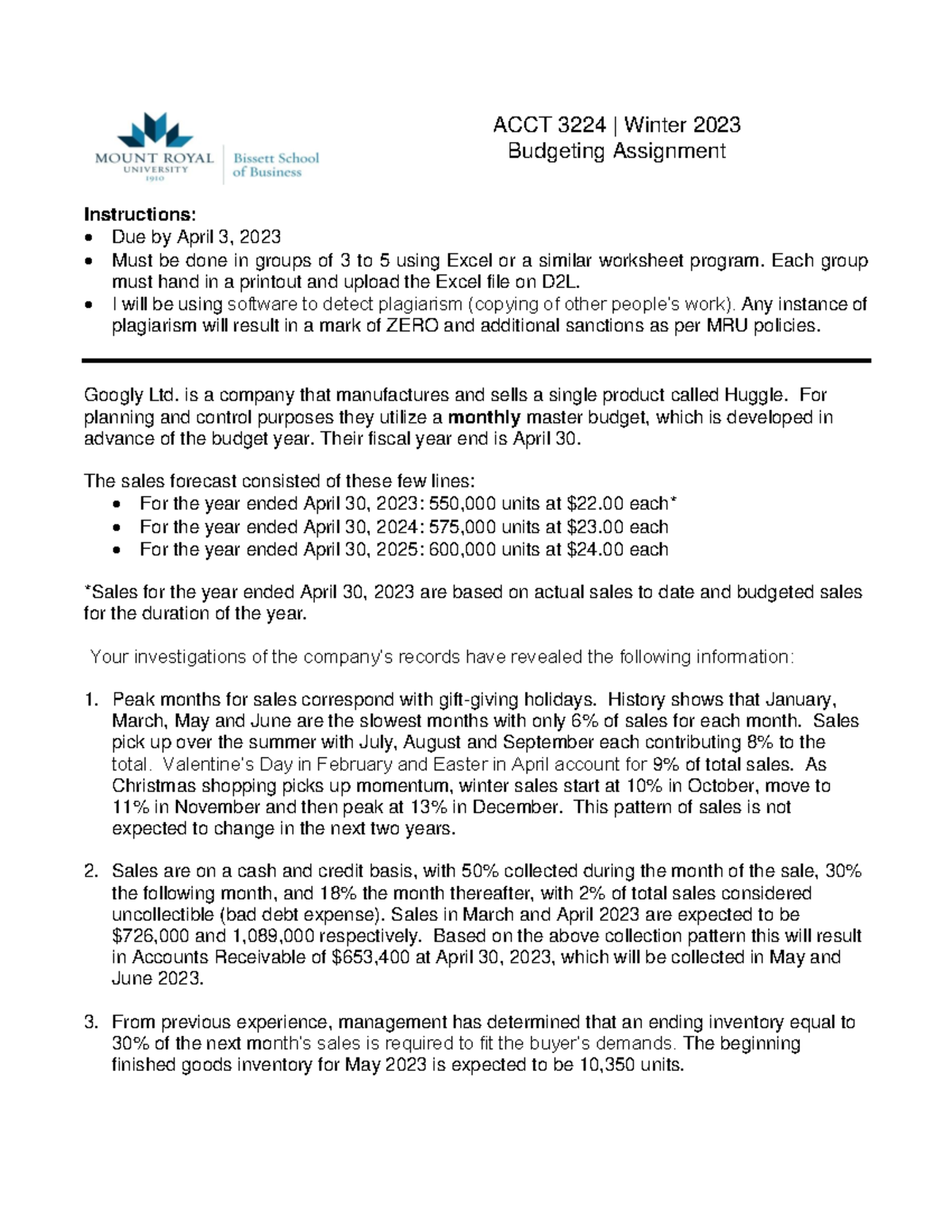ACCT 3224 Winter 2023 Budgeting Group Assignment Guidelines - Studocu