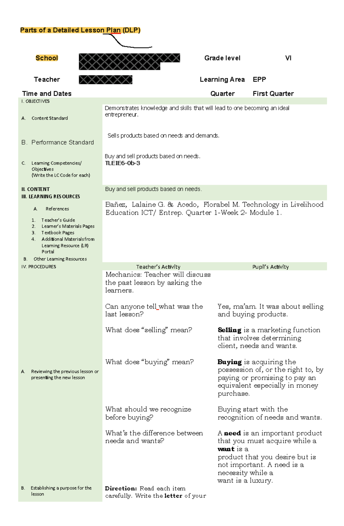 Detailed Lesson Plan (DLP) for EPP - Quarter VI: Understanding Needs ...
