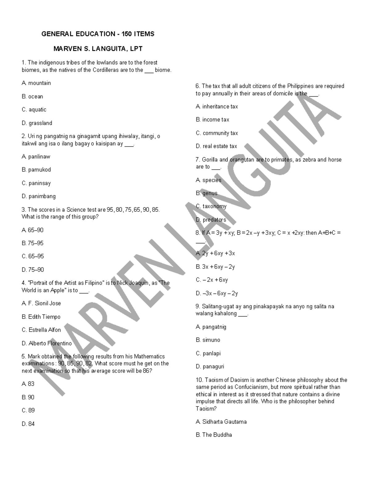 Gen Ed 150 LET Reviewer: Drills and Practice Questions - Studocu
