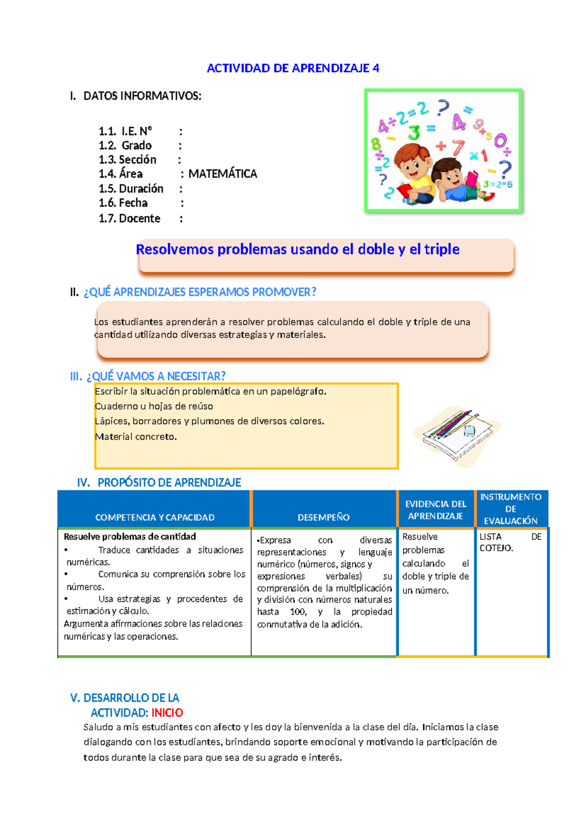 Sesión de Aprendizaje: Resolviendo el Doble y el Triple en Matemática - Studocu