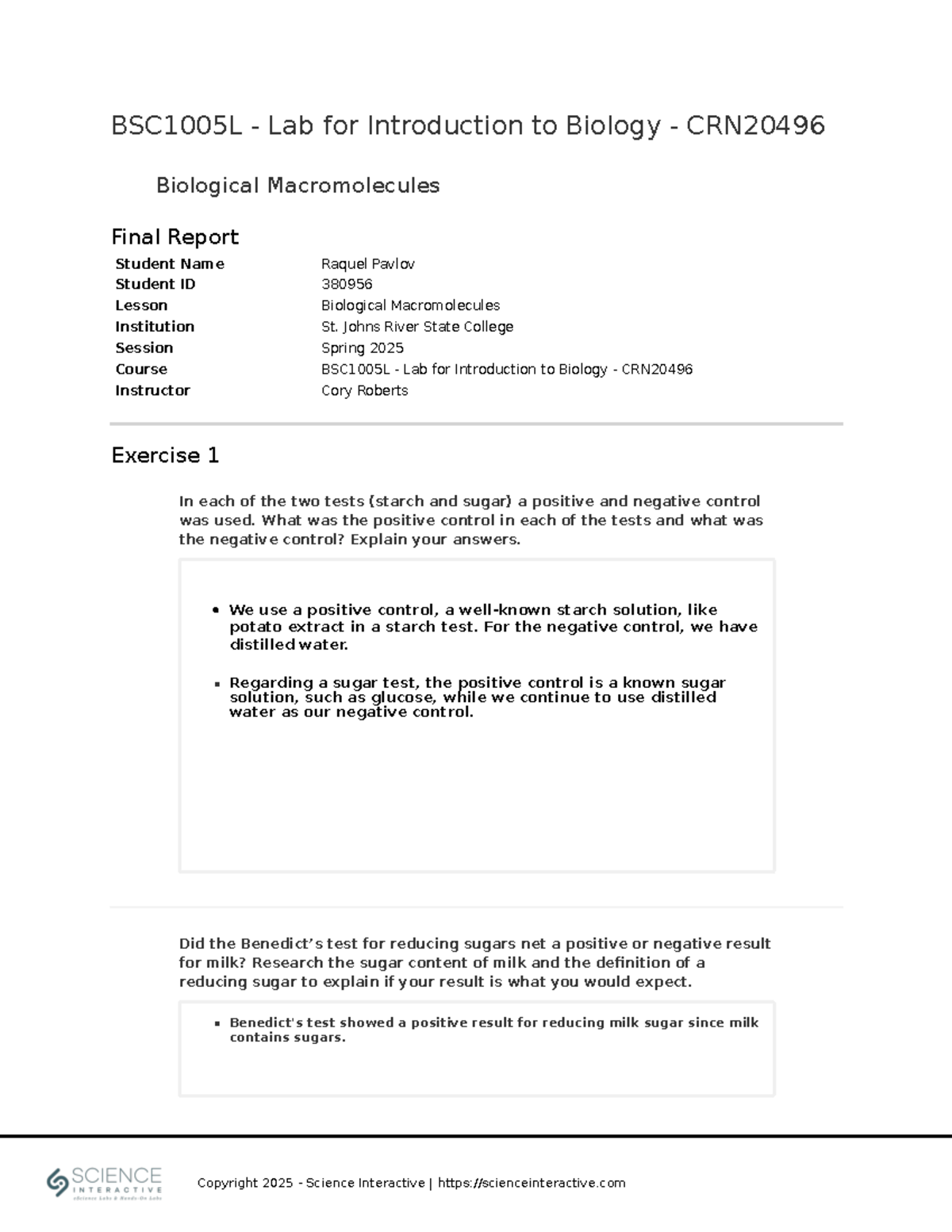 Biological Macromolecules - Student Name Raquel Pavlov Student ID ...