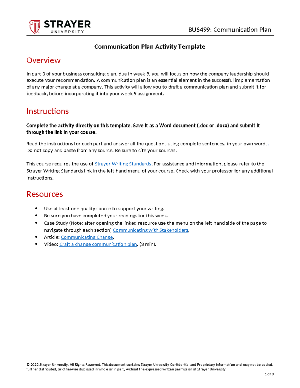 BUS499 Week 7 Comm Plan Activity Template for Feedback - Studocu