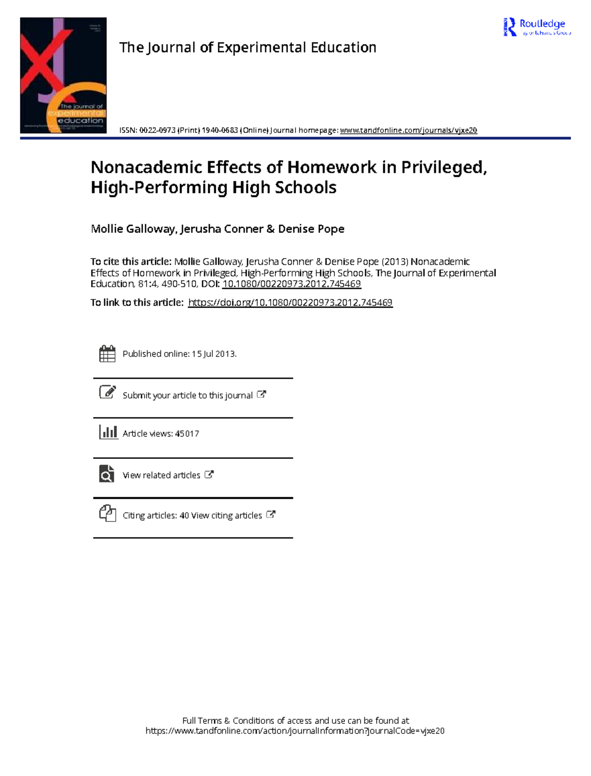 Nonacademic Effects of Homework in Privileged High Schools (EDUC 101 ...
