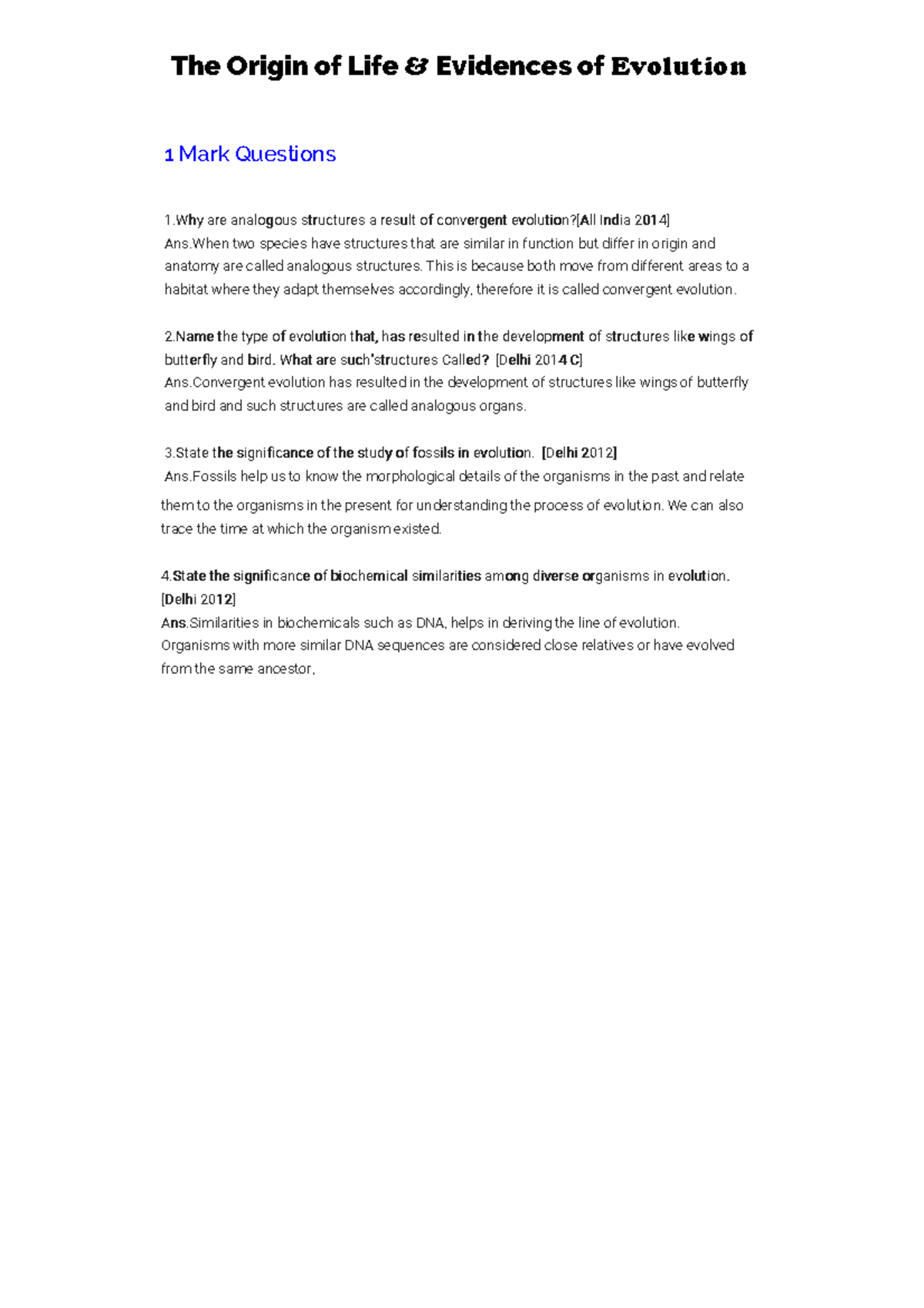 Evolution Part 3: Key Concepts and 1-3 Mark Questions - Studocu