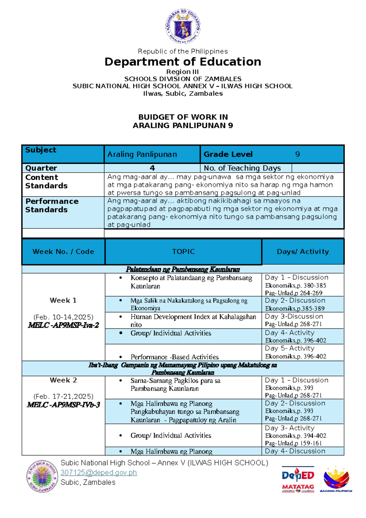 AP9 BOW -Q4 SY. 24-25: Budget of Work for Araling Panlipunan 9 - Studocu