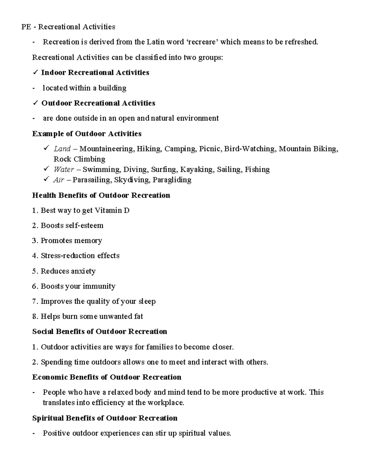 PE - LECTURE - PE - Recreational Activities - Recreation is derived ...