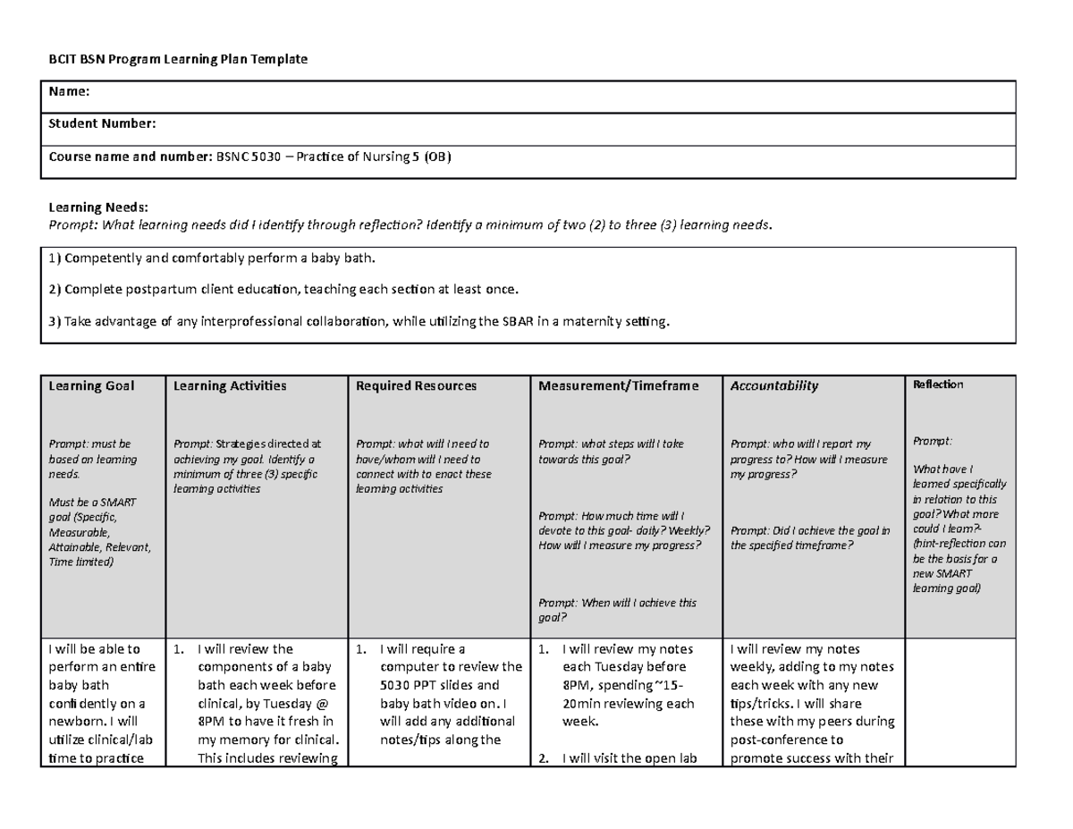 BSNC 5030 - OB Learning Plan: Strategies for Clinical Skill Development - Studocu