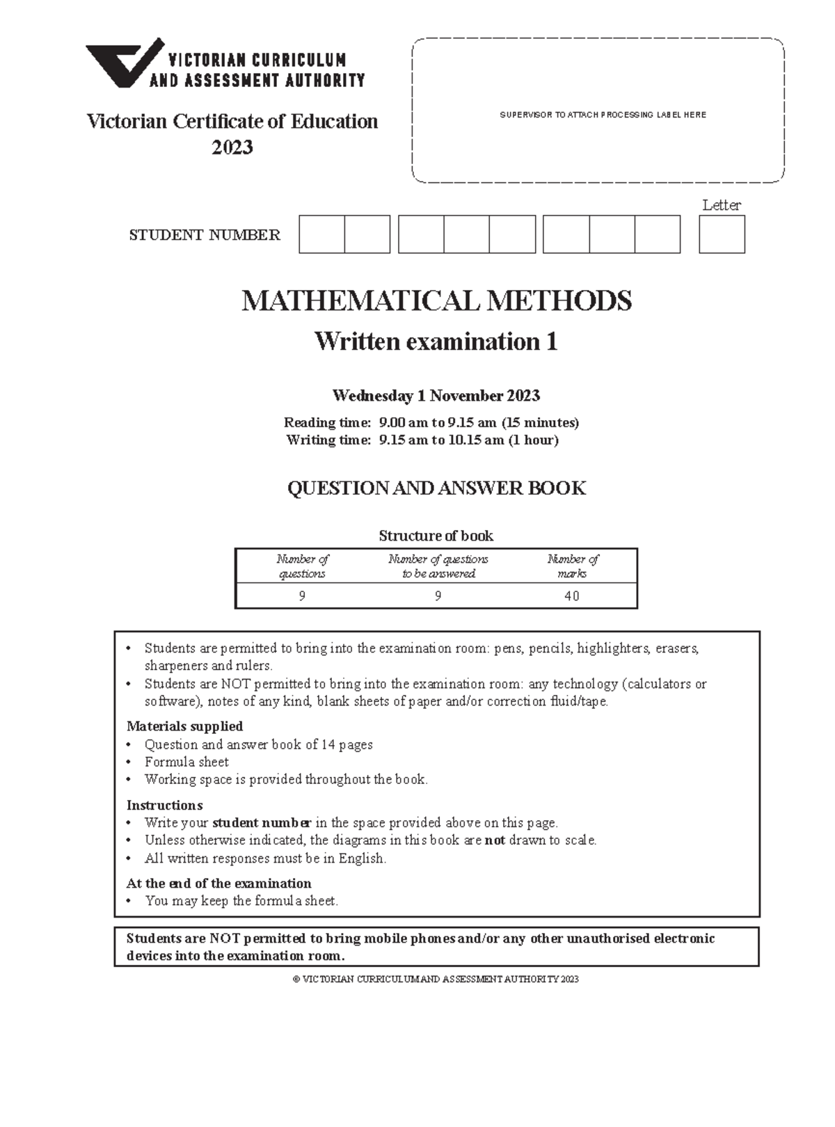2023 VCE Mathematical Methods Written examination 1 - MATHEMATICAL ...