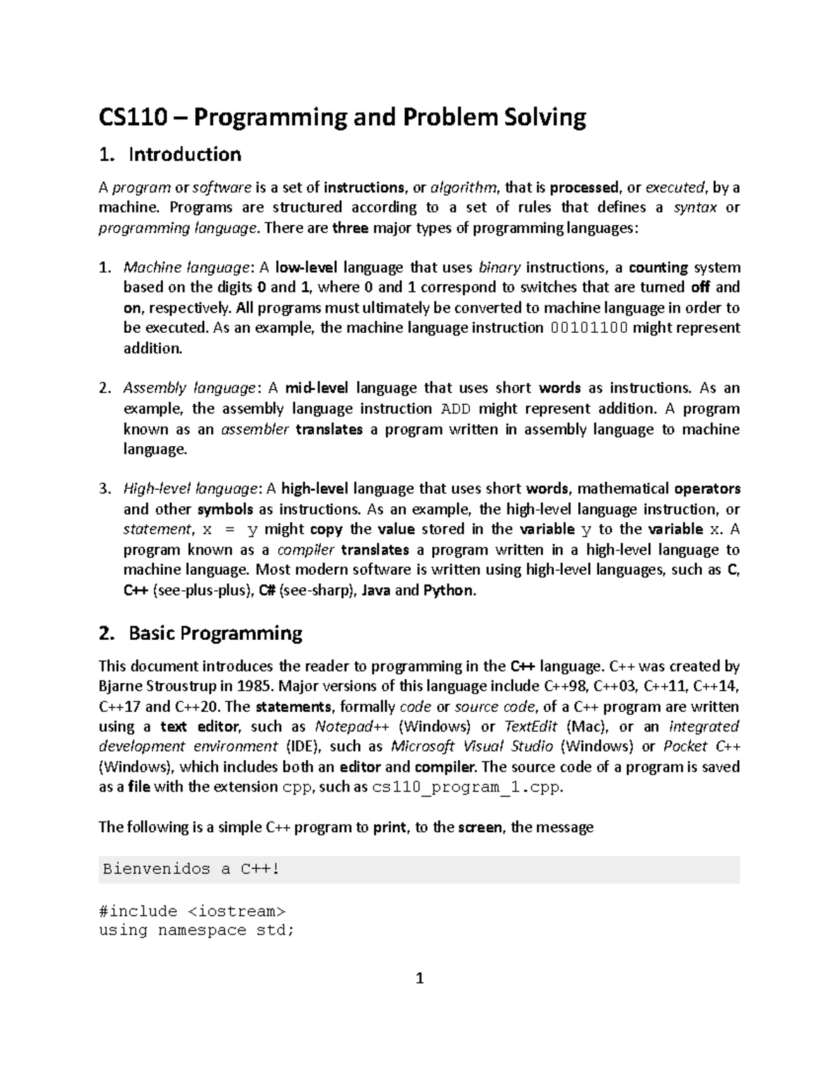 CS110 - Programming and Problem Solving - Introduction A program or ...