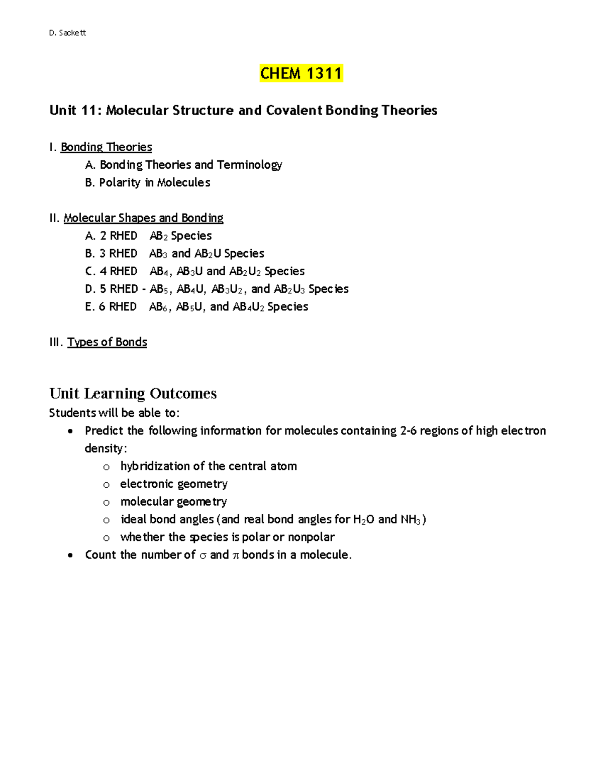 CHEM 1311 Unit 11: Molecular Structure & Covalent Bonding Theories ...