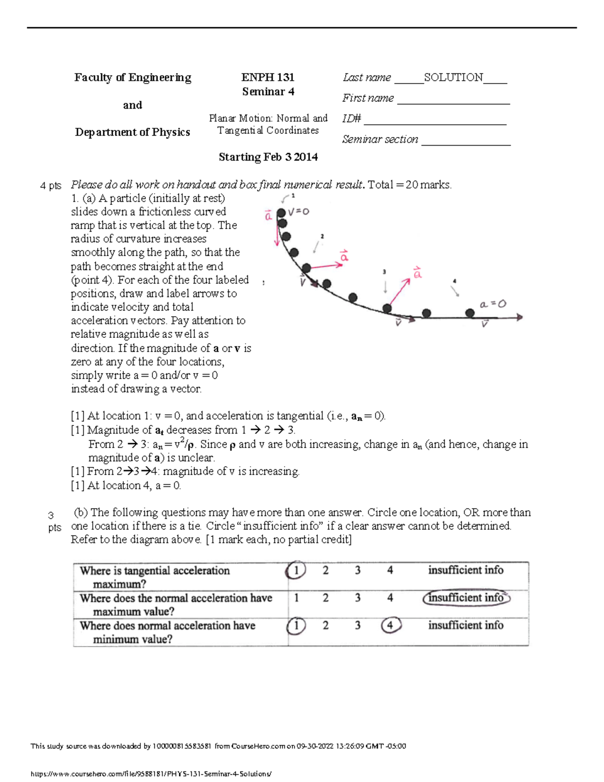 PHYS 131 Seminar 2014 Solutions - Faculty of Engineering and Department of Physics ENPH 131 ...