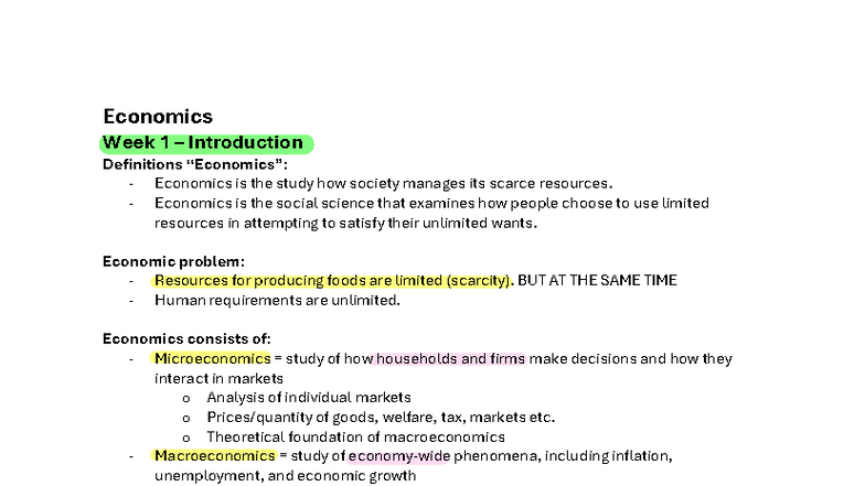 Economics 101: Week 1 Summary on Scarcity and Decision-Making - Studocu