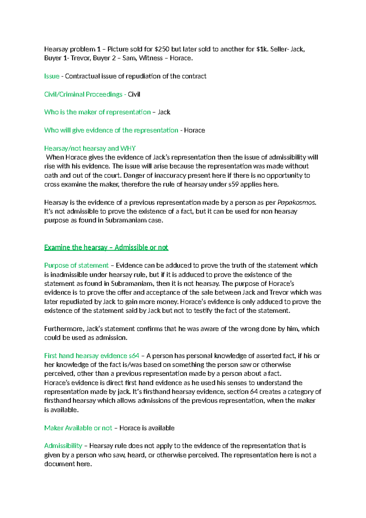 Hearsay Analysis: Contractual Repudiation & Admissibility Issues - Studocu