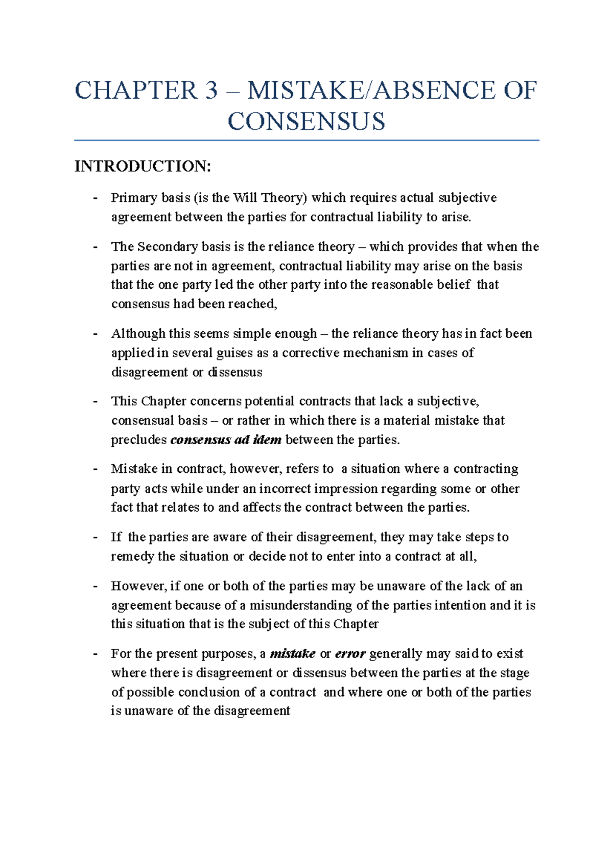 Chapter 3- Mistake - none - CHAPTER 3 – MISTAKE/ABSENCE OF CONSENSUS ...