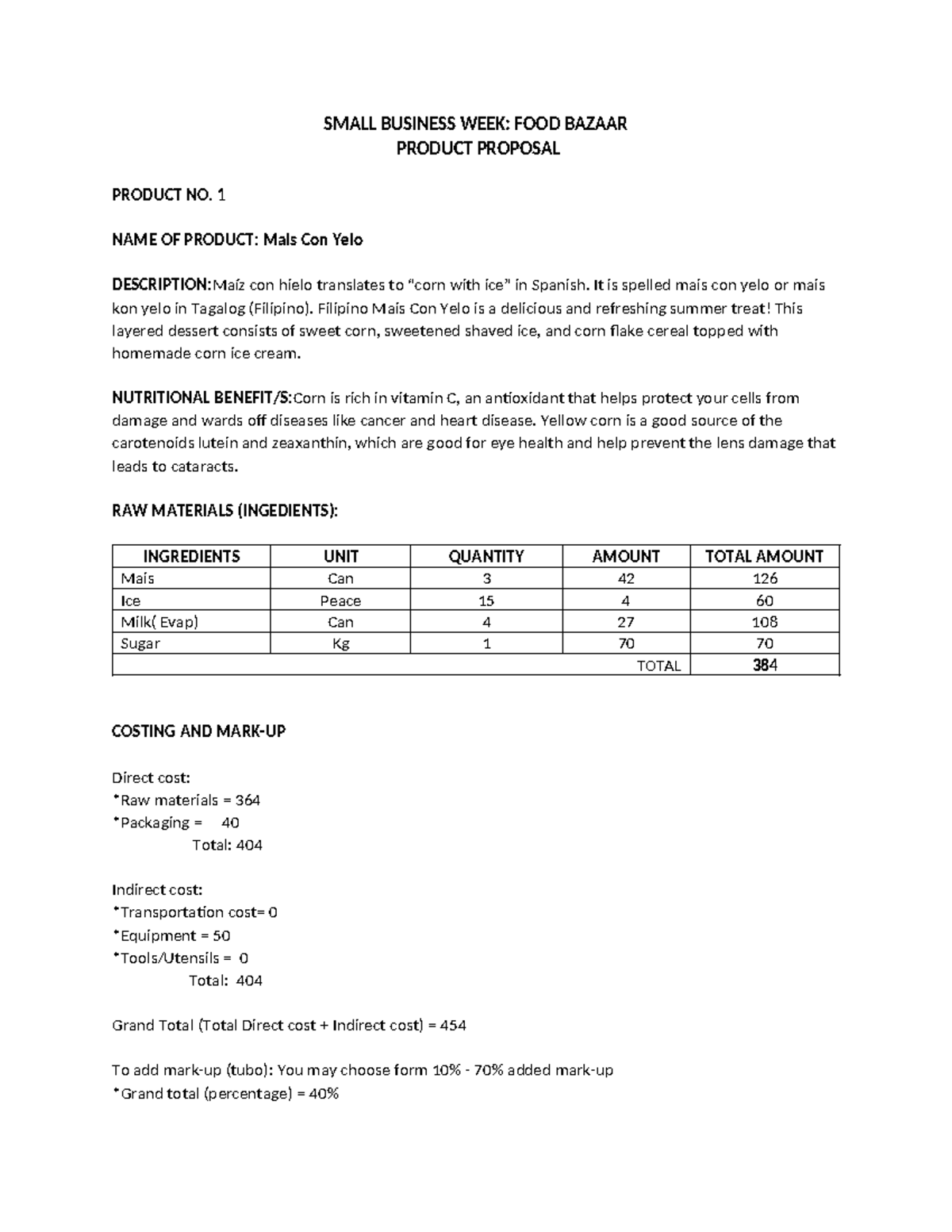 SMALL BUSINESS WEEK: FOOD BAZAAR PRODUCT PROPOSAL - Studocu