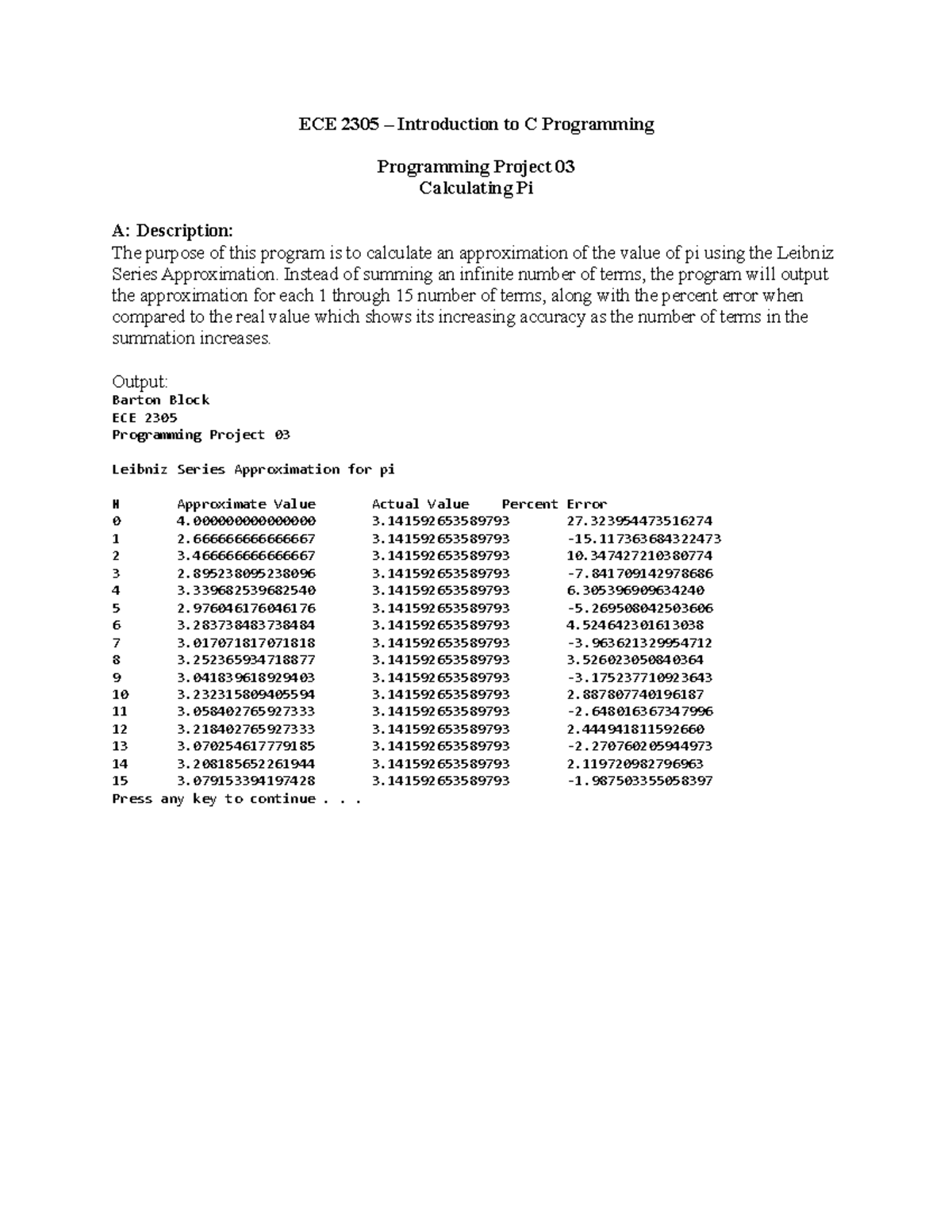 ECE 2305 Programming Project 03: Pi Approximation Using Leibniz Series - Studocu