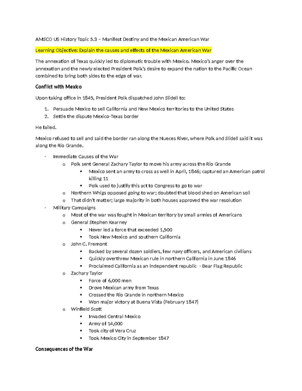 AMSCO US History Topic 5.3: Manifest Destiny & the Mexican American War ...