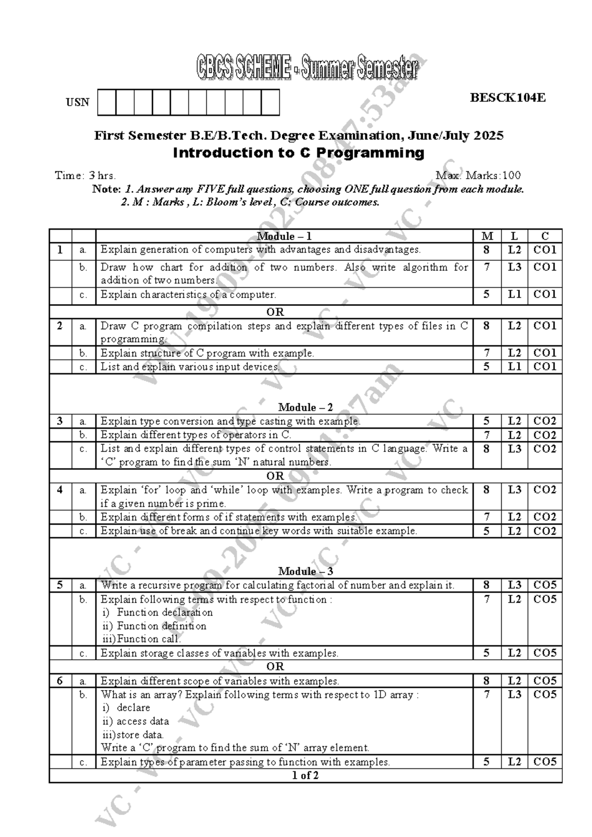 Besck 104E - First Semester C Programming Model Paper, Nov 2025 - Studocu