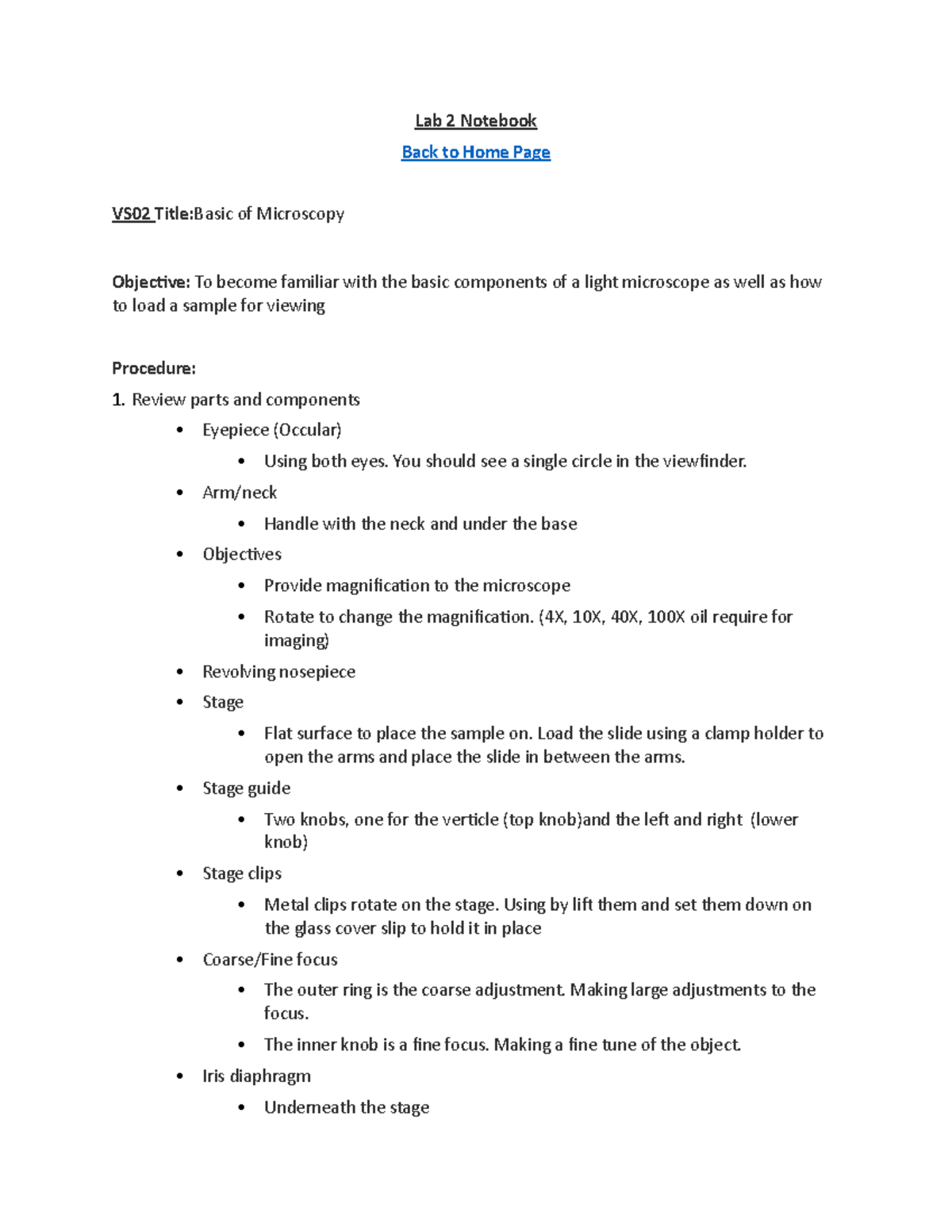 VS02 Lab 2 Notebook: Basics of Microscopy Techniques and Procedure ...