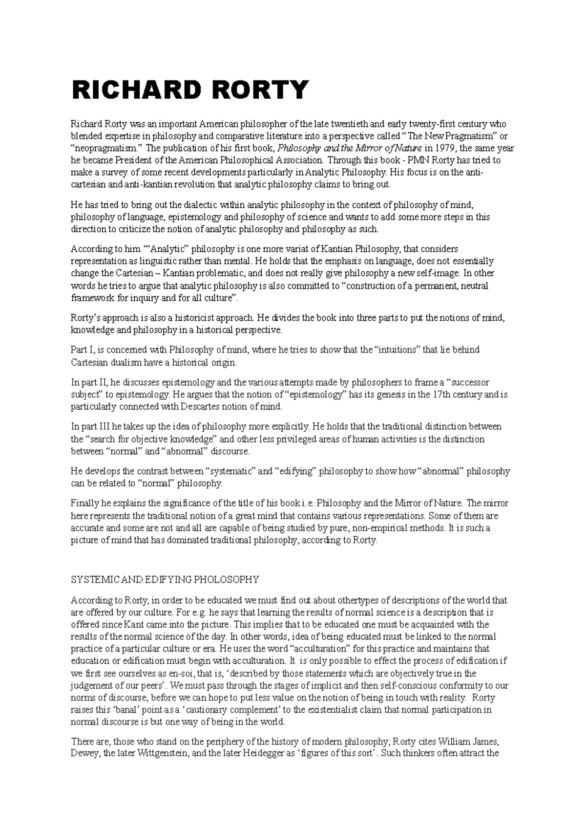 RR ( Systemic AND Edifying) - RICHARD RORTY Richard Rorty was an ...