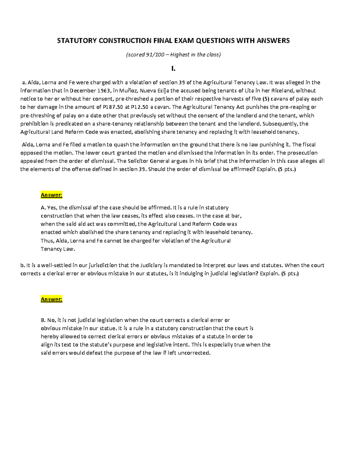 Statutory Construction FINAL EXAM Questions & Answers (Score: 91/100 ...