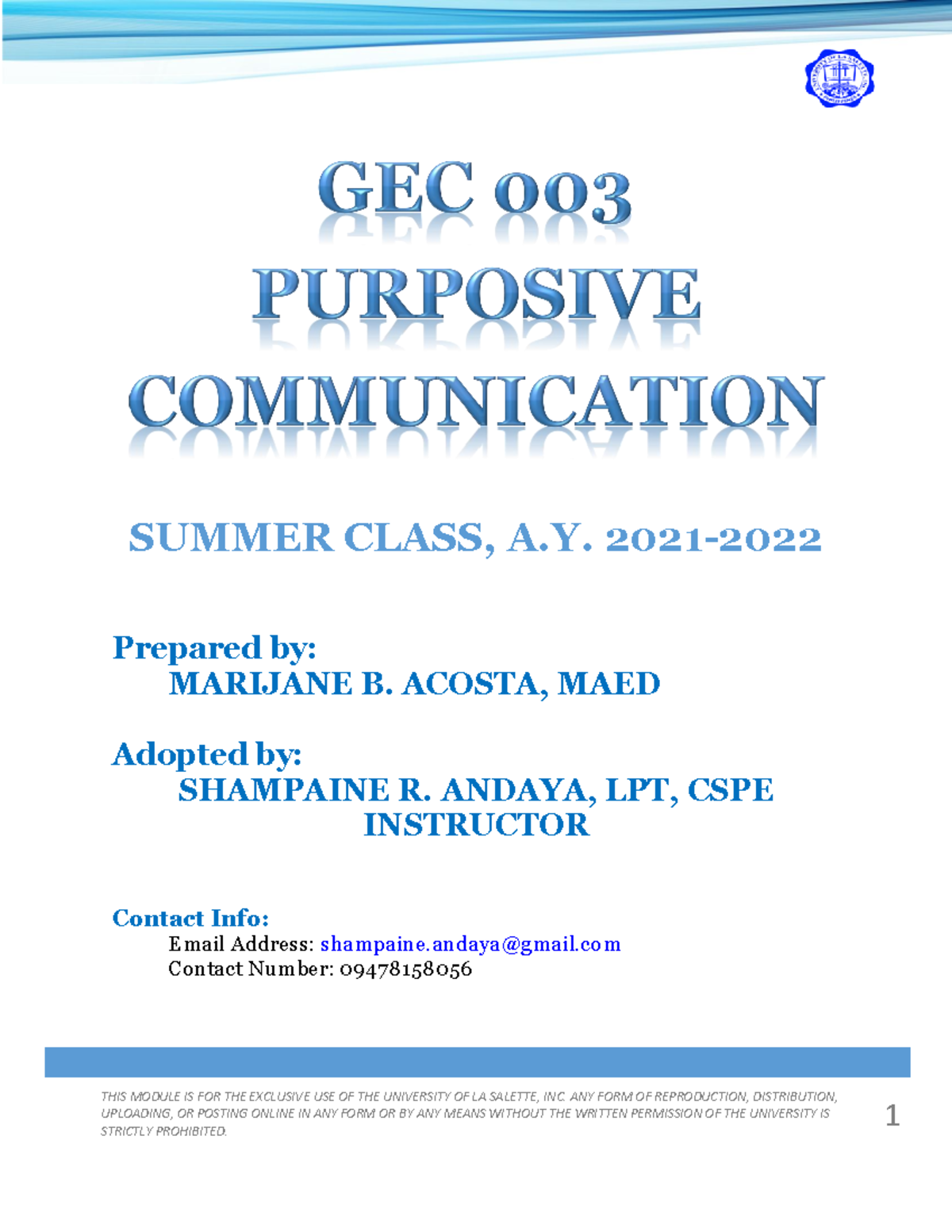 Module 1: Introduction to Purposive Communication (GEC 003) - Studocu