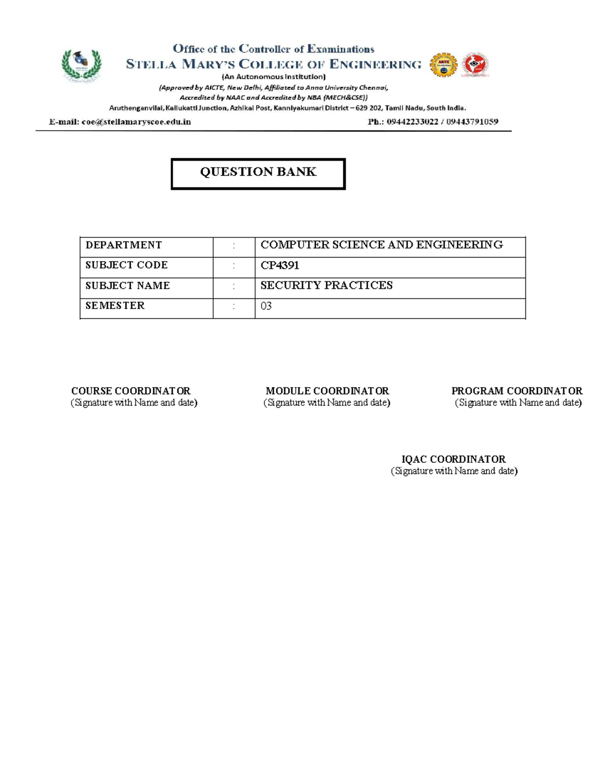 CP4391 Security Practices Question Bank for Semester 03 - Studocu