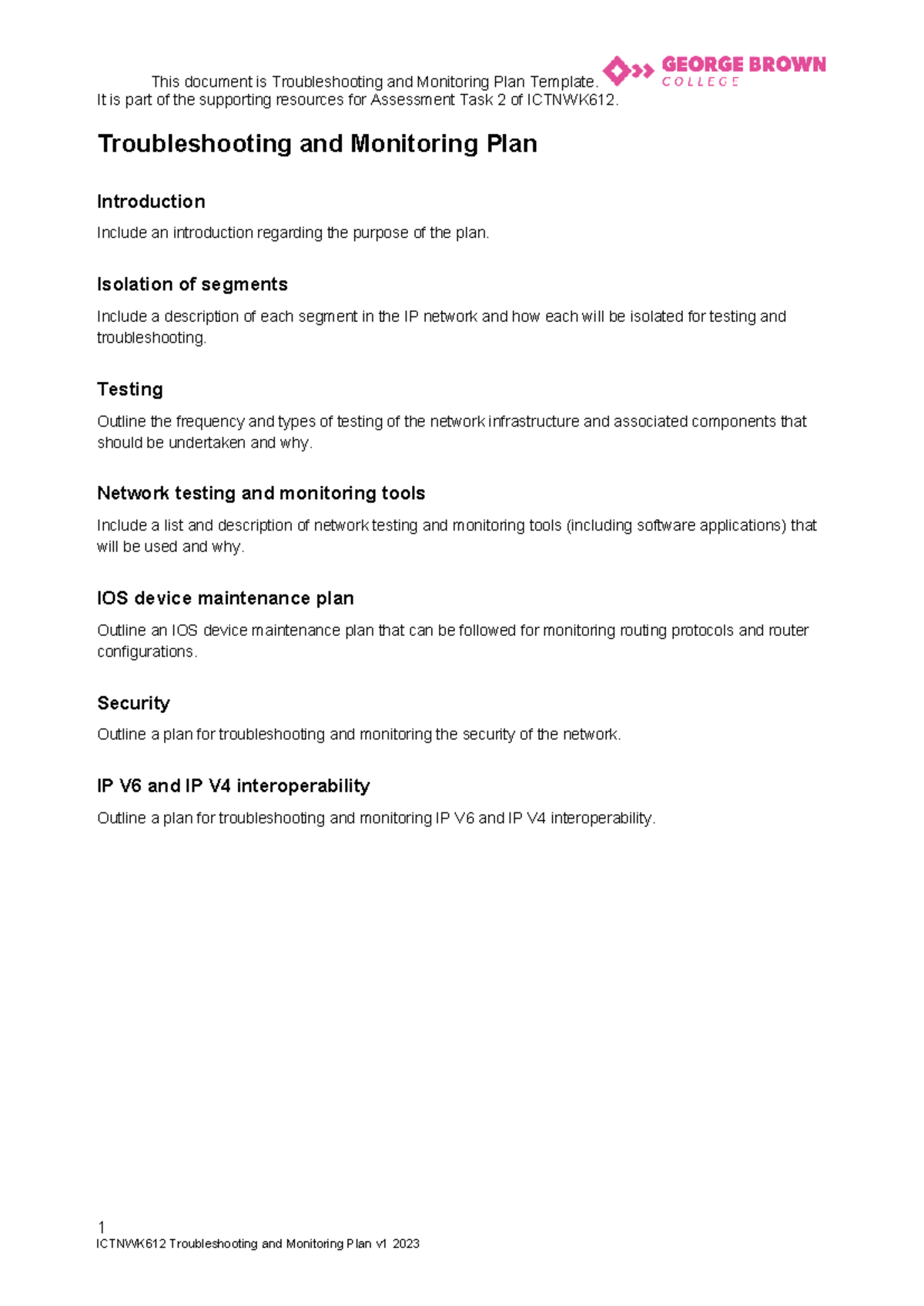 ICTNWK612 Troubleshooting & Monitoring Plan Template v1 2023 - Studocu