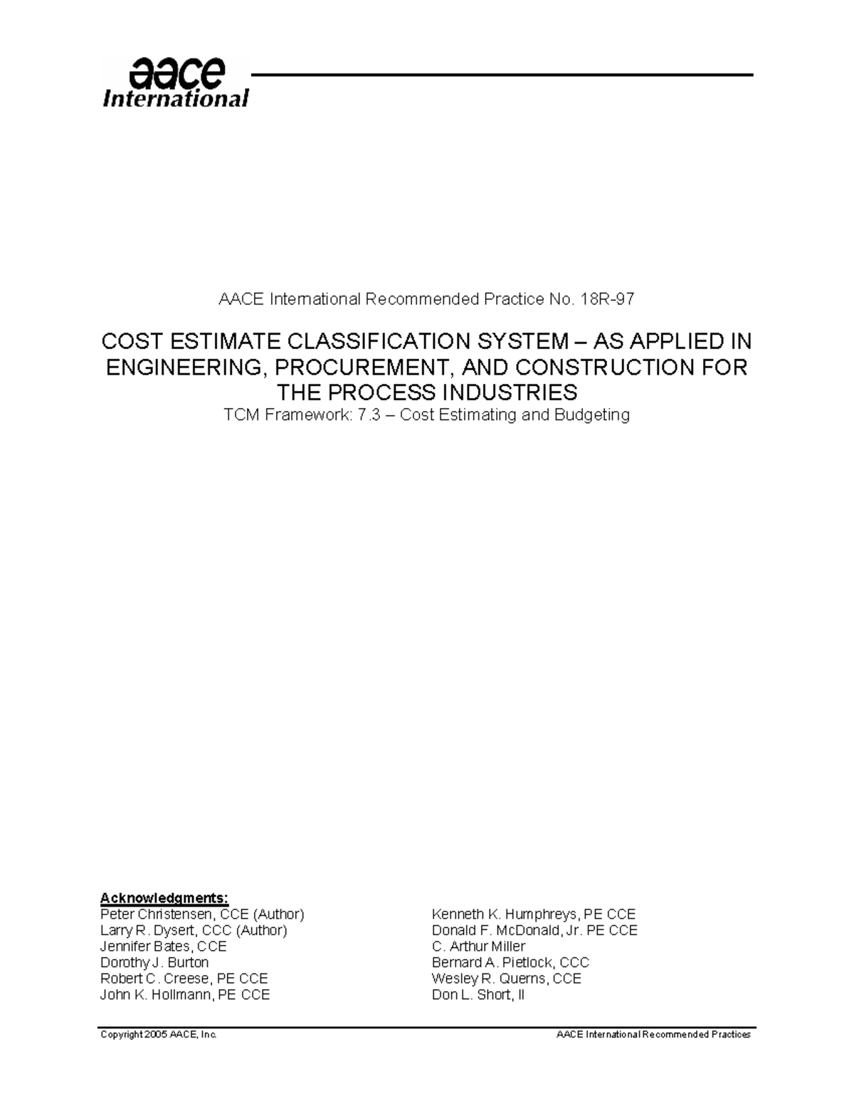 AACE 18R-97 Final Exam: Cost Estimate Classification in EPC for Process ...