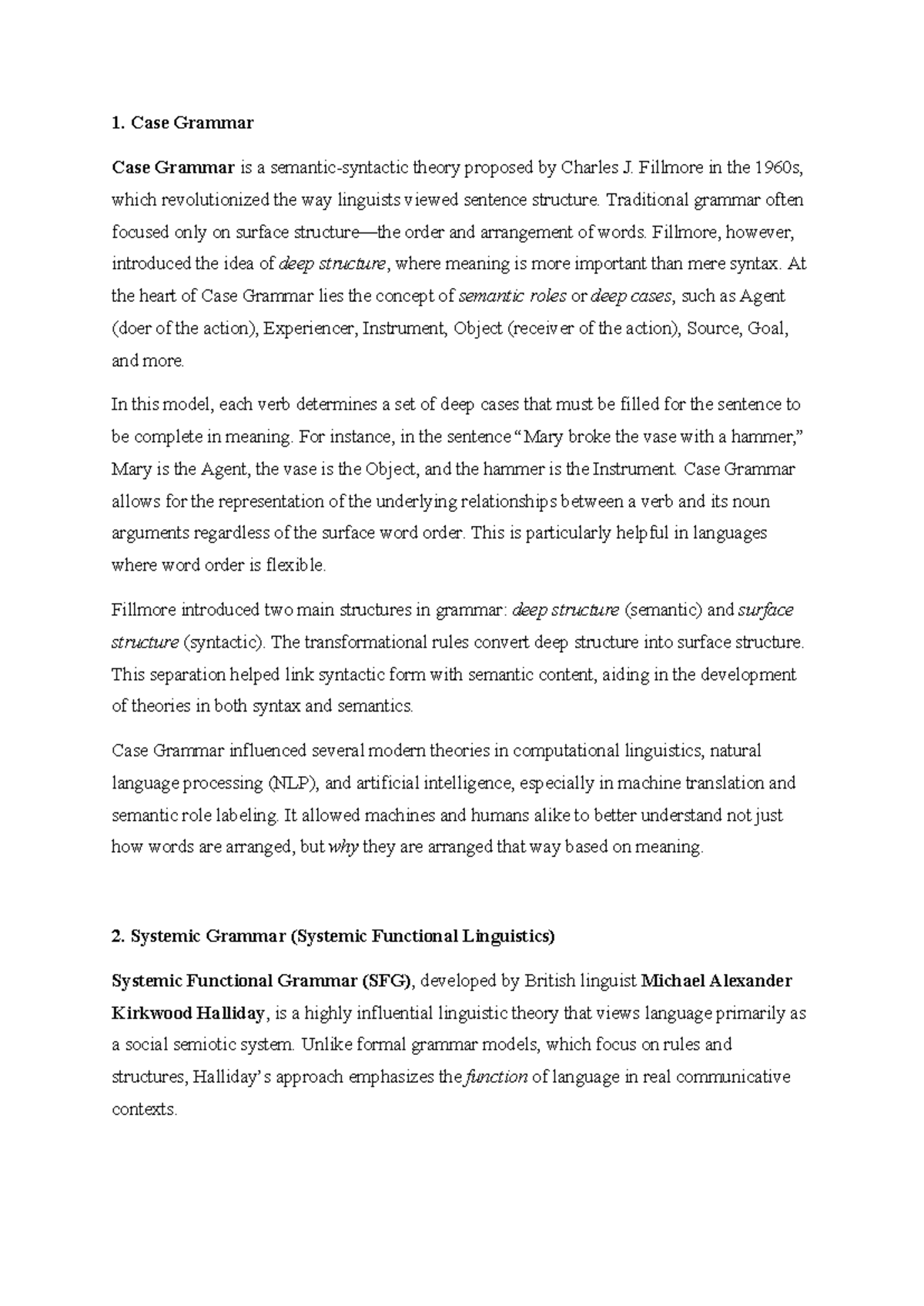Case Grammar and Systemic Functional Linguistics Overview (LNG 101 ...