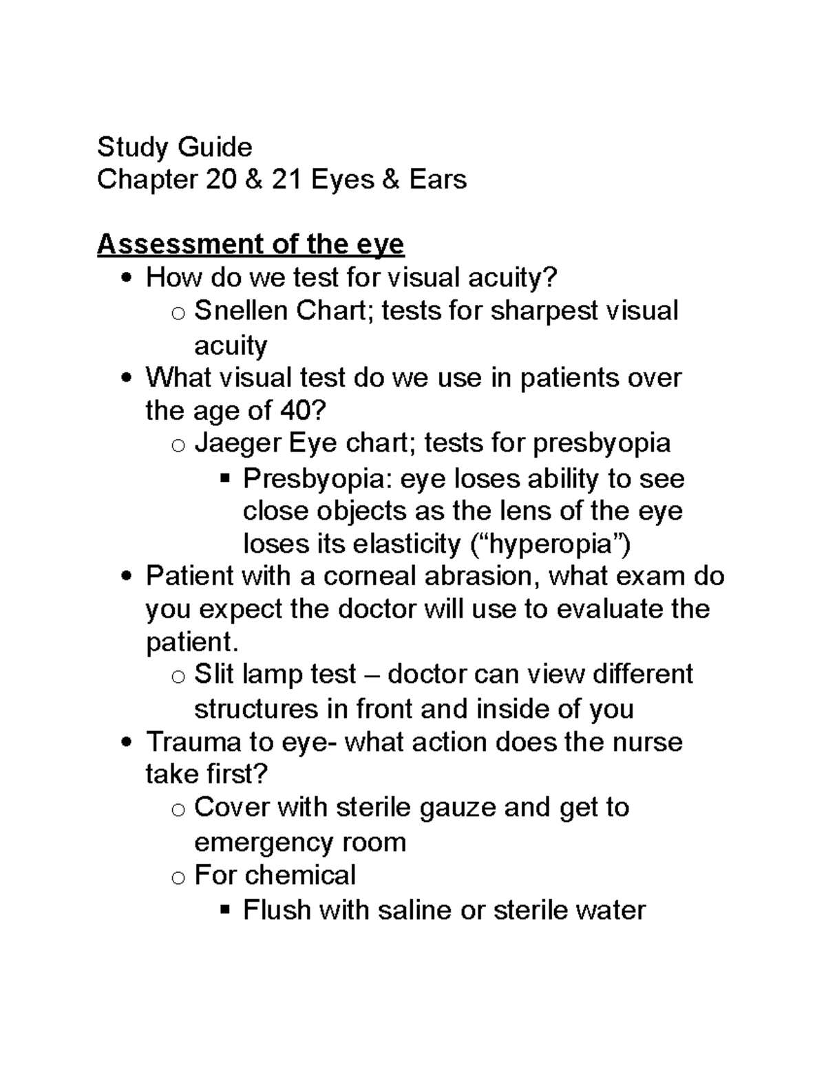 Study Guide 2 Eyes and Ears - Study Guide Chapter 20 & 21 Eyes & Ears ...