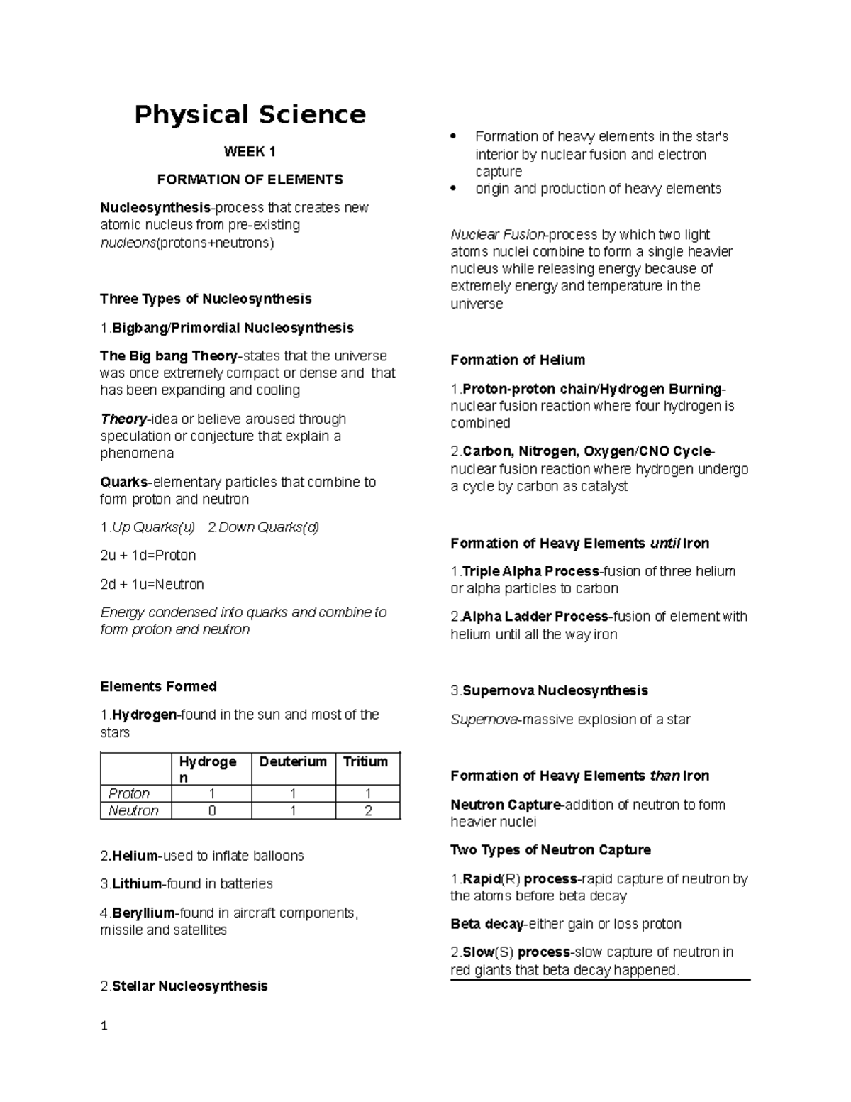 1ST Quarter Reviewer - Physical Science WEEK 1 FORMATION OF ELEMENTS ...