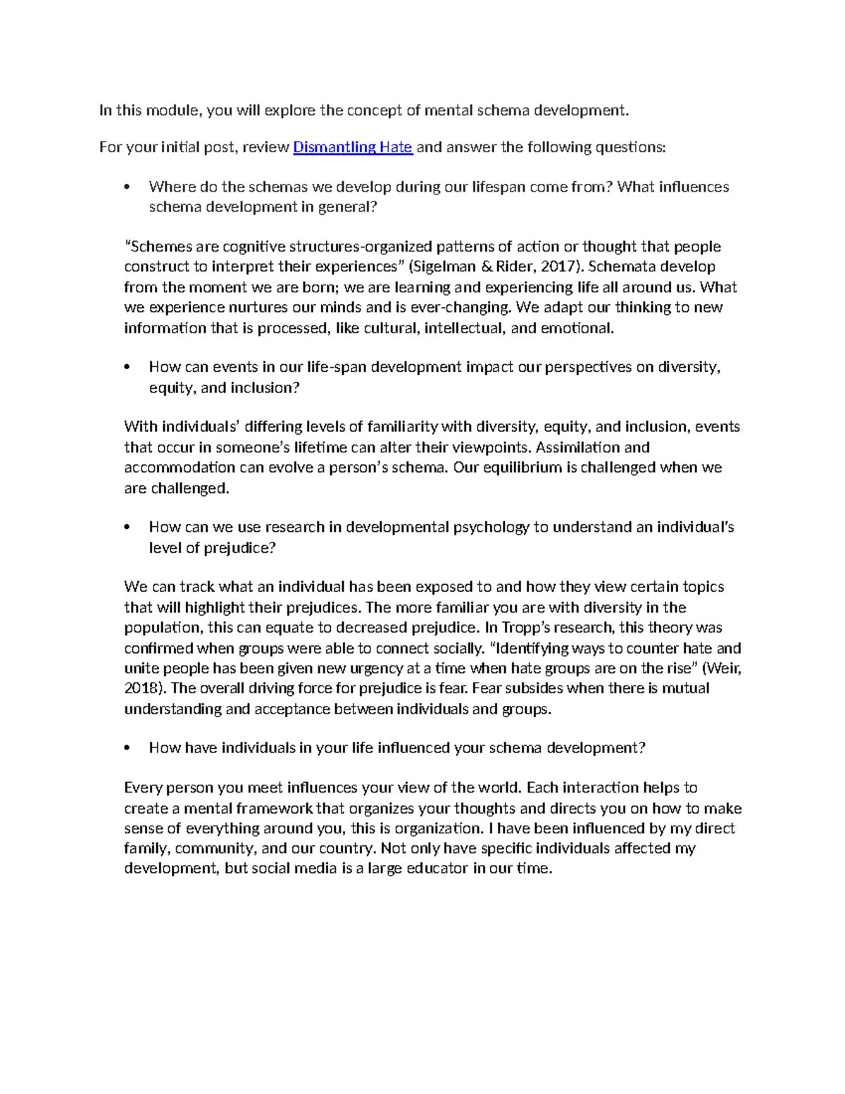 PSY 410 Module 2 Discussion: Mental Schema Development Insights - Studocu