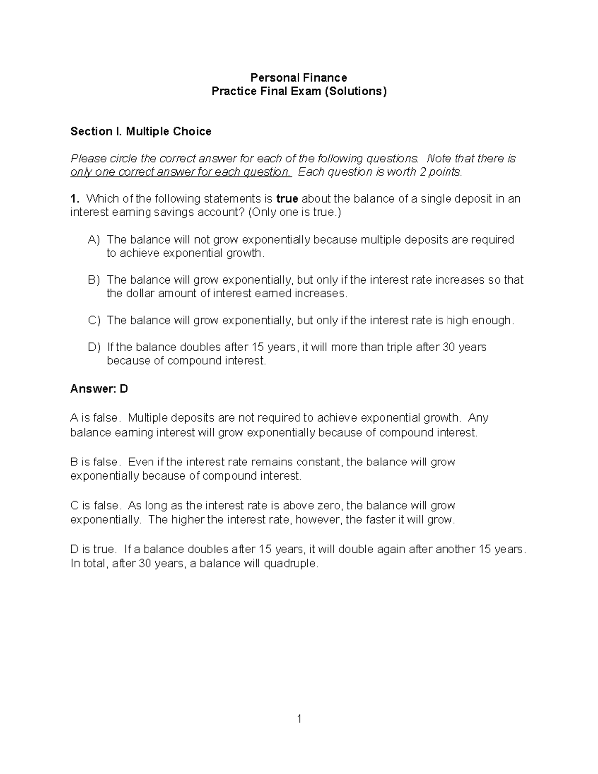 Personal Finance Practice Final Exam Solutions (PF-EXAM-SOLS) - Studocu