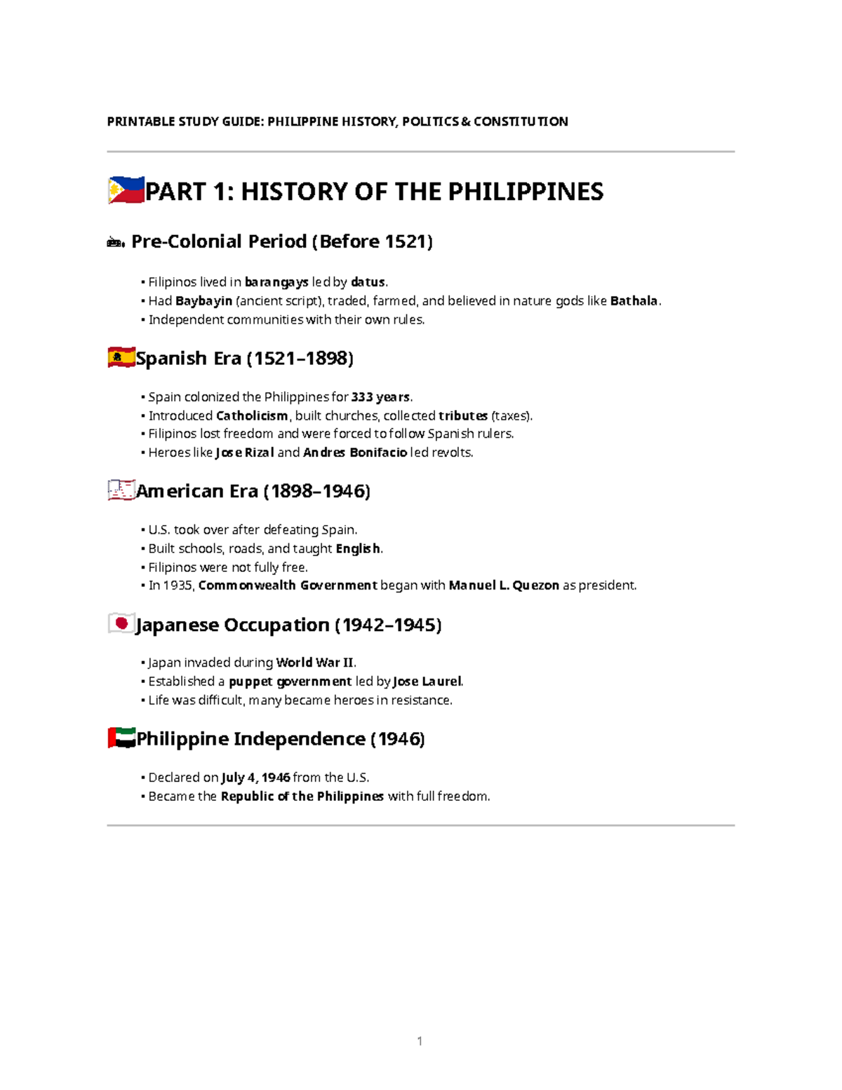 PHILIPPINE HISTORY & POLITICS STUDY GUIDE: PART 1 & 2 - Studocu