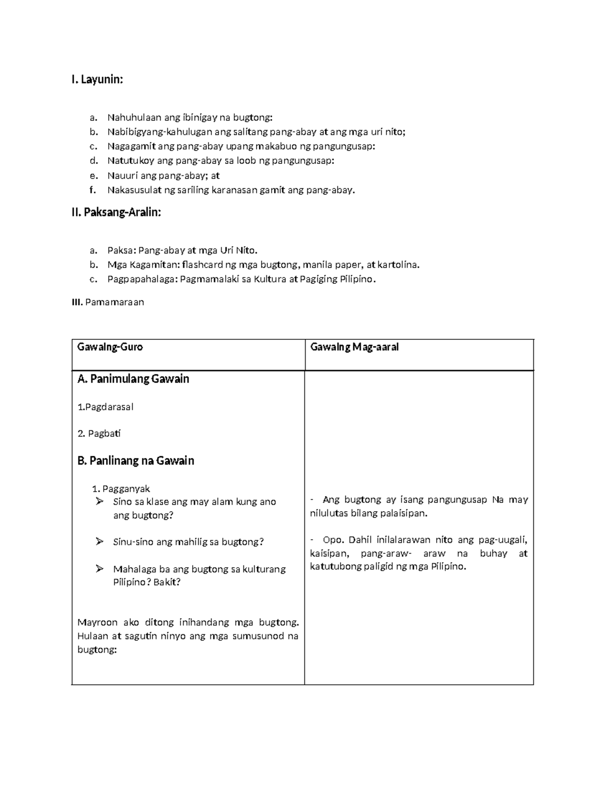 Banghay Aralin: Lesson Plan sa Bugtong at Pangabay - Studocu