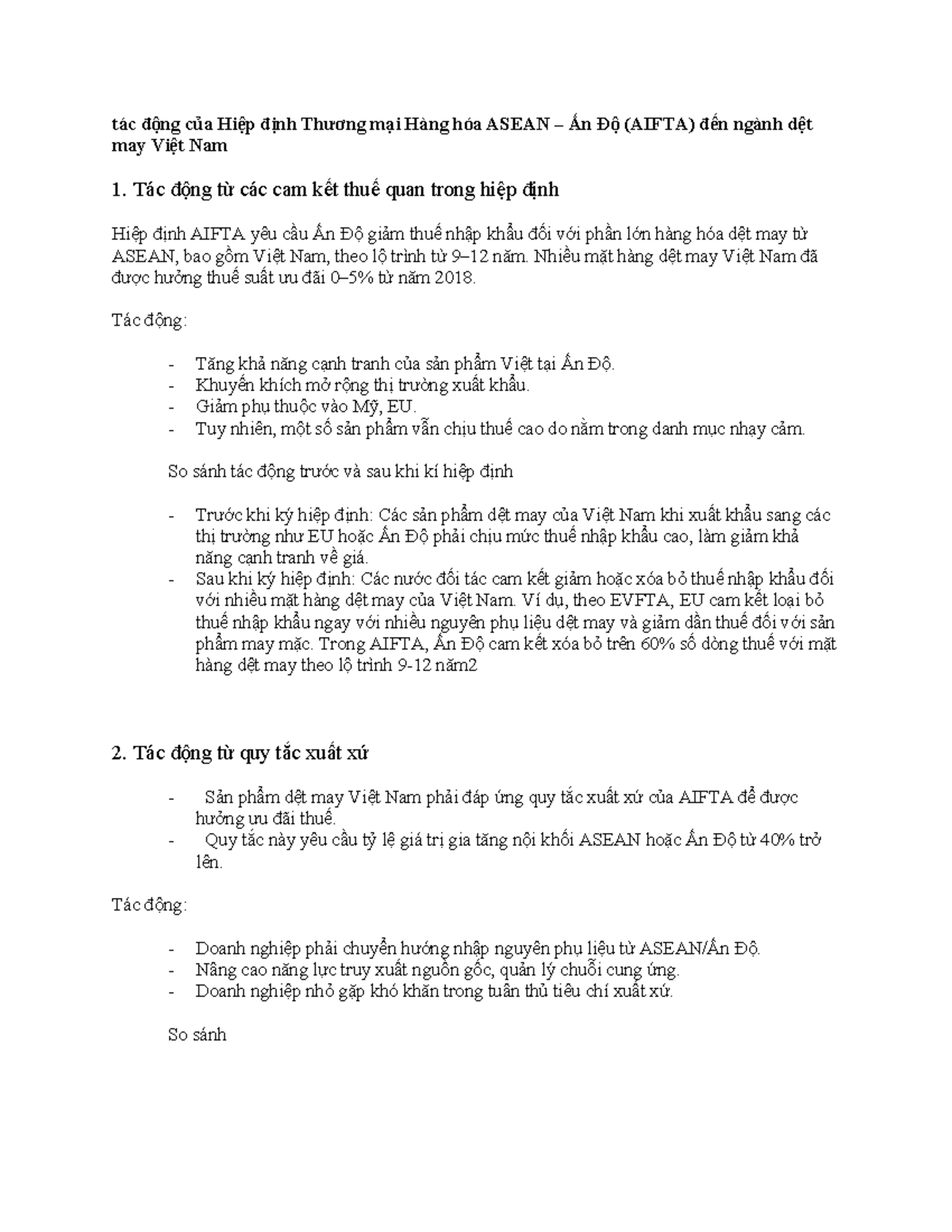 Tác động của AIFTA đến Ngành Dệt May Việt Nam: Phân Tích Chi Tiết - Studocu