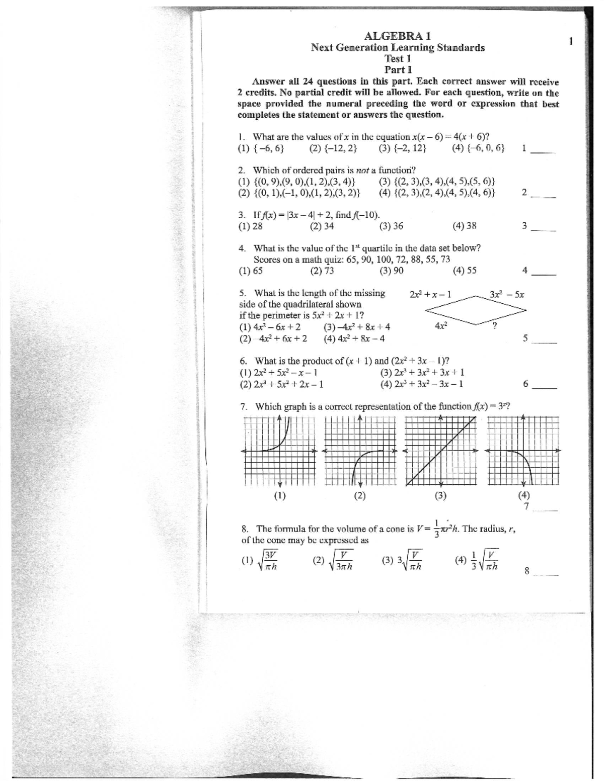 ALGEBRA 1 NGLS Practice Test 1-5 Comprehensive Review - Studocu