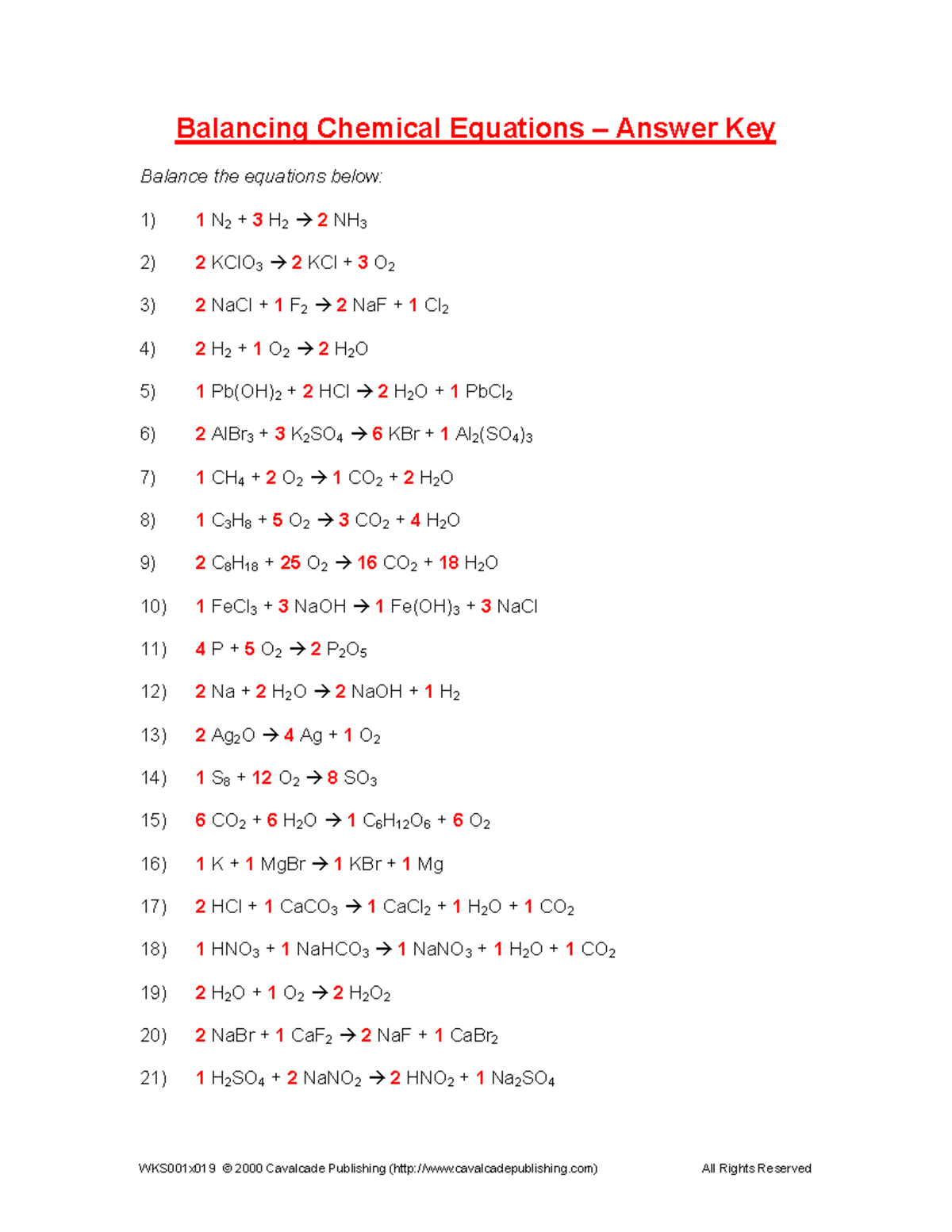 Balancing equations answer - WKS001x019 © 2000 Cavalcade Publishing ...