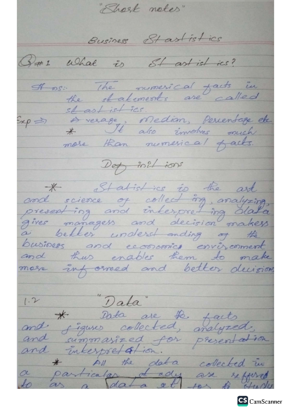 Statistics Short Notes - Business St astistics 1 what is St astist ics ...