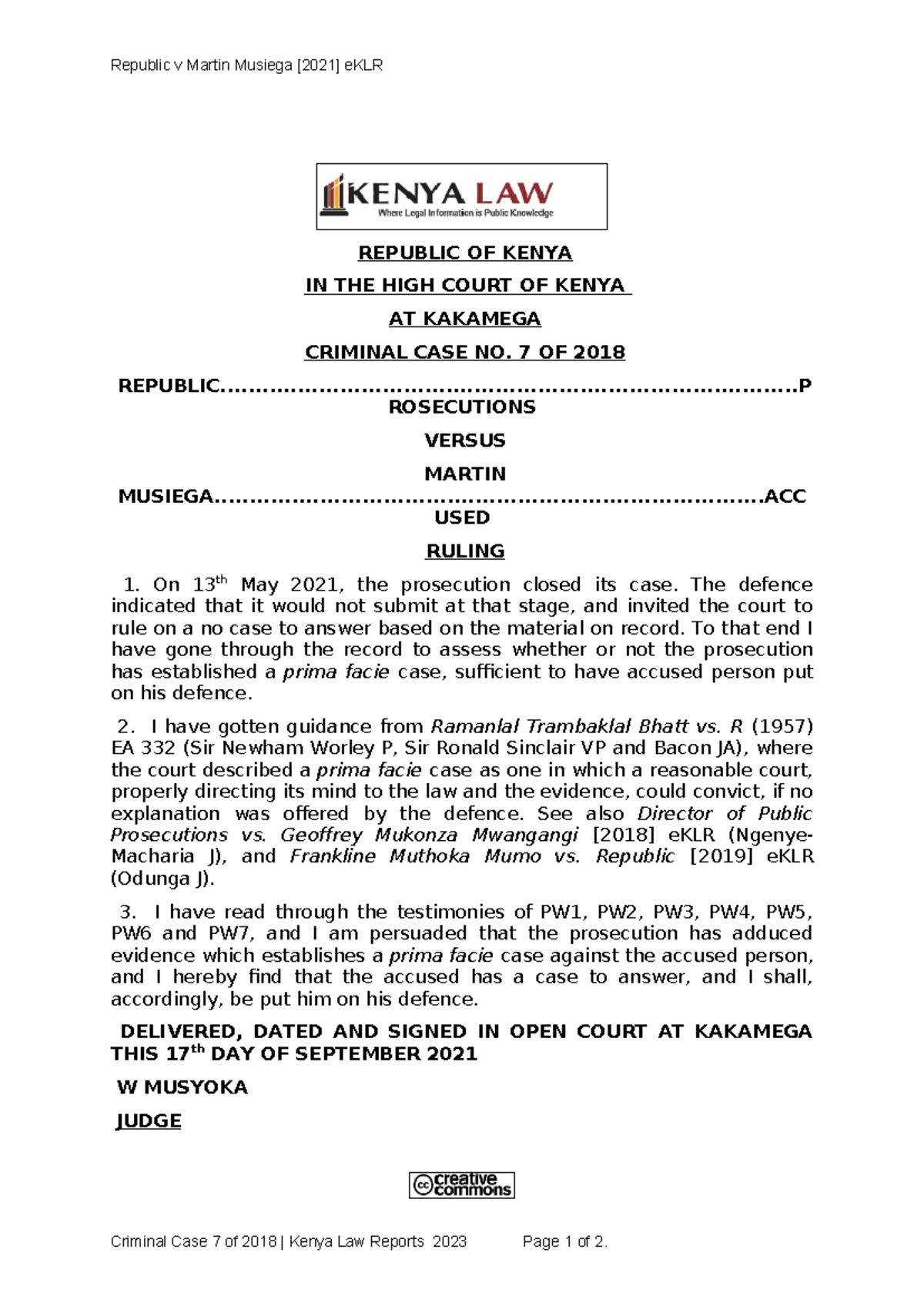 Criminal Case 7 of 2018: Ruling in Republic v Martin Musiega - Studocu