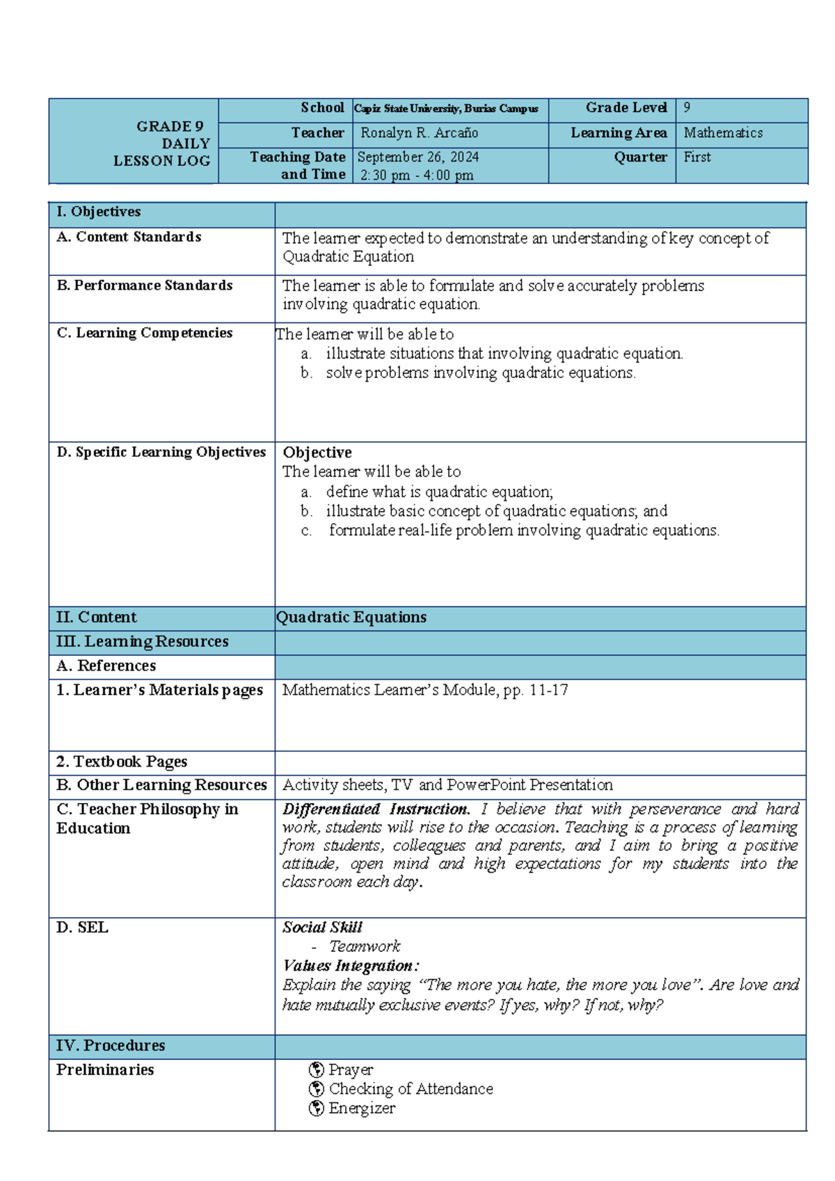 Lesson plan MATH 116 Quadratic Equations - GRADE 9 DAILY LESSON LOG ...
