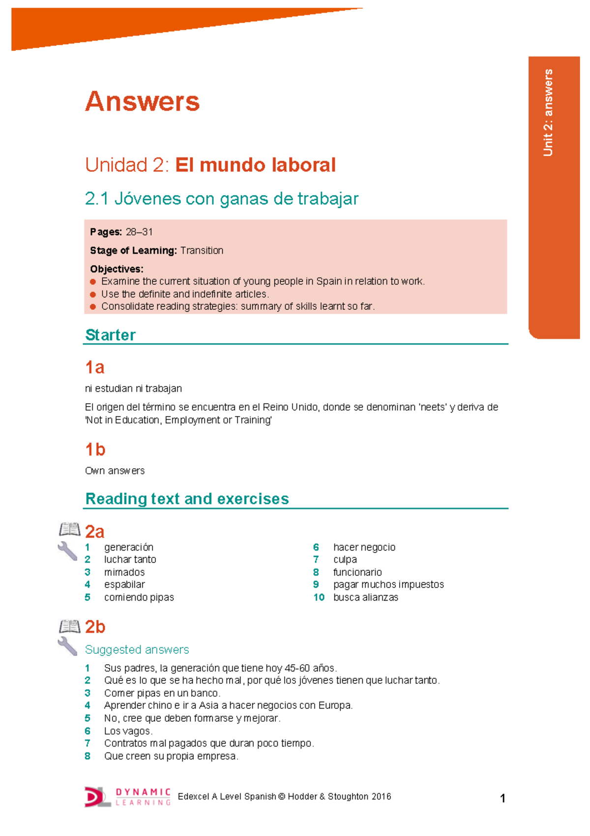 Edexcel A Level Spanish: Unit 2 Class Notes & Answers on Employment ...