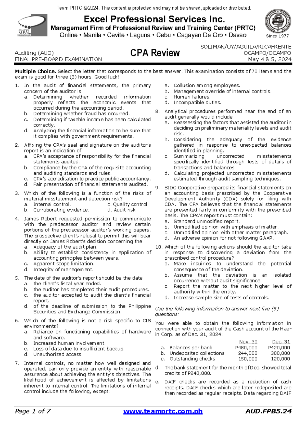 Final Pre-Board Exam AUD May 2024 - Team PRTC Review Materials - Studocu