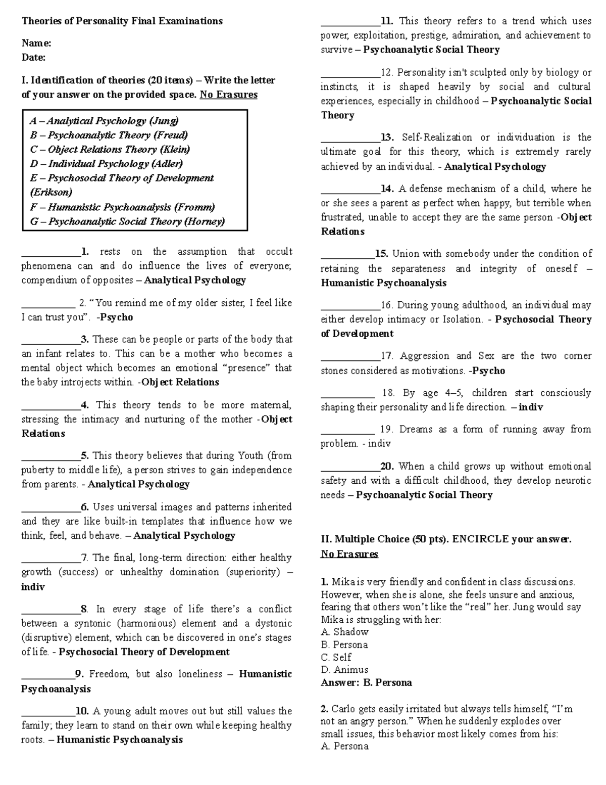 Theories of Personality PSY 101 Final Exam Review and Answer Key - Studocu