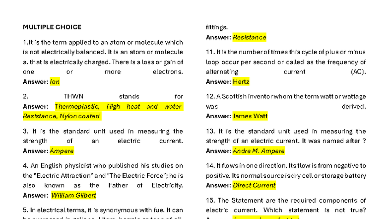 Fn Lq 2022-2023: Electrical Concepts & Multiple Choice Questions - Studocu