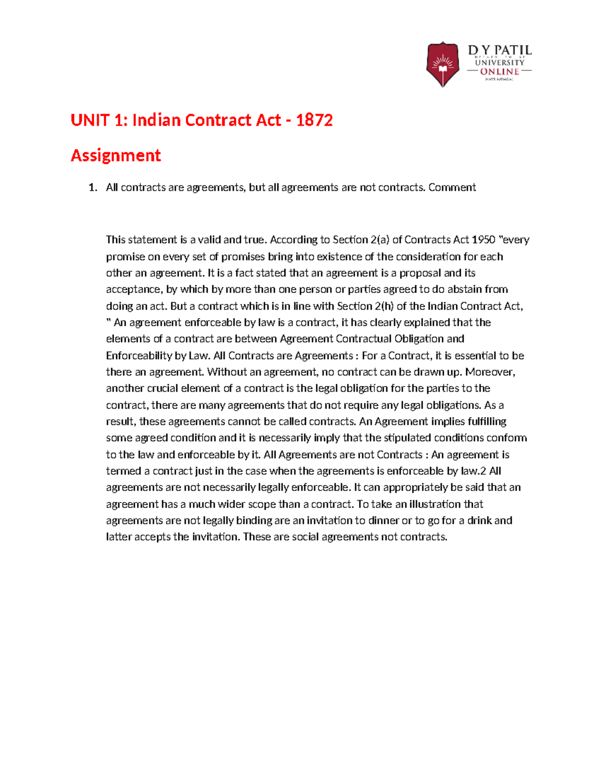 Assignment - Indian Contract Act (Unit 1) Overview and Analysis - Studocu